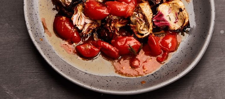 Baked white fish with bread, cherry tomatoes, olives and capers recipe ...